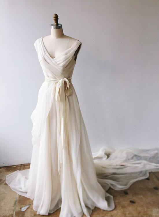 Ivory V Neck Chiffon Graduation Dress Evening Dress Long Prom Dress ...