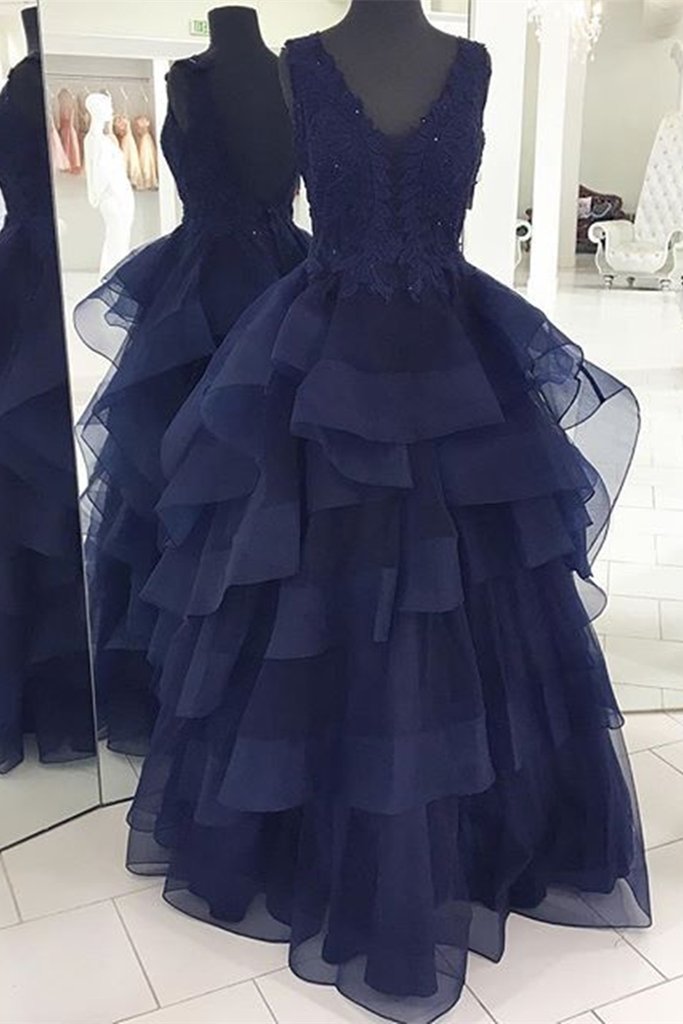 Fluffy V Neck Backless Navy Blue Lace Long Prom Dress, Open Back Navy ...