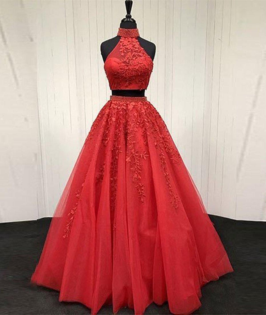 A Line High Neck 2 Pieces Lace Red Long Prom Dress, Red Lace Long ...