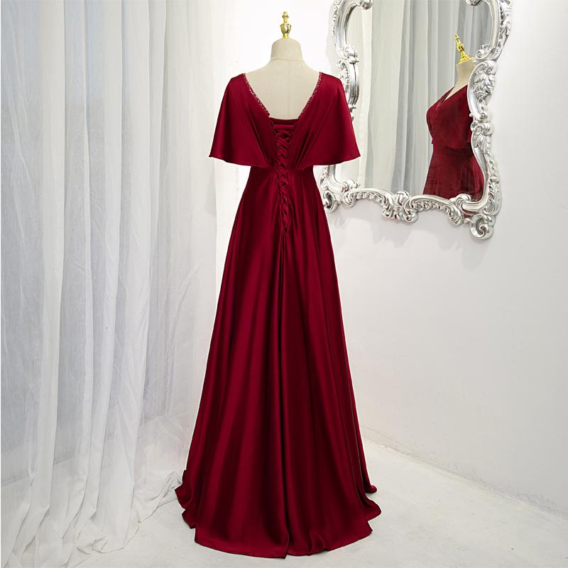 Dark Red Satin A-line Floor Length Evening Dress, Wine Red Wedding ...