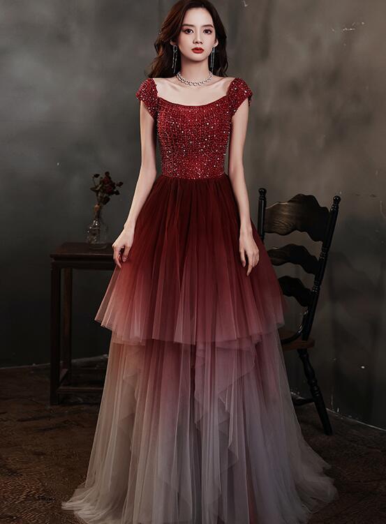 Charming Dark Red Gradient Tulle Beaded Formal Dress Party Dress ...