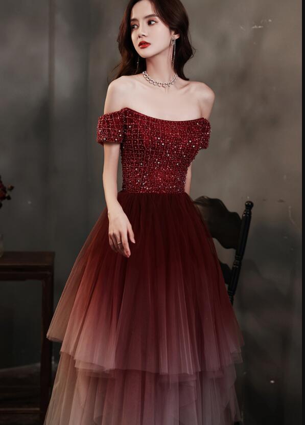 Charming Dark Red Gradient Tulle Beaded Formal Dress Party Dress ...