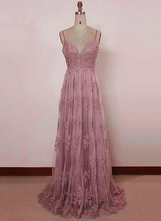 Beautiful Pink Straps Lace Floor Length Party Dress, Pink Backless Prom ...