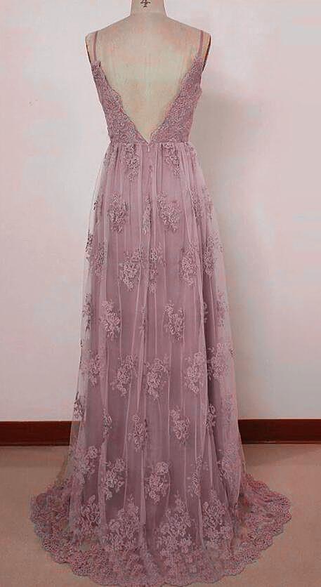 Beautiful Pink Straps Lace Floor Length Party Dress, Pink Backless Prom ...