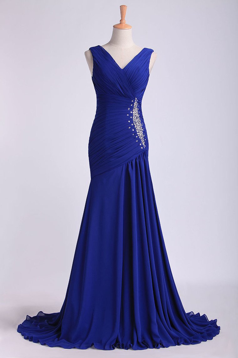 V Neck Pleated Bodice Column Sweep Train Prom Dress With Beads,pl5453 ...