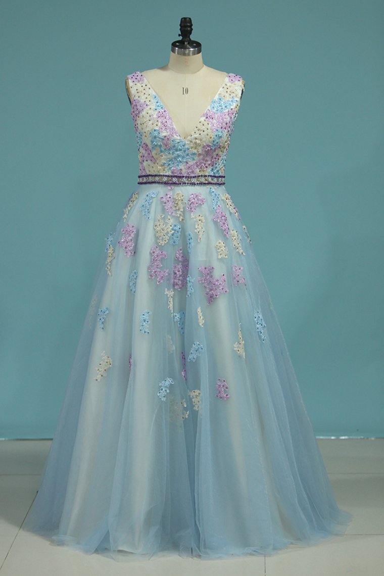 Sexy Open Back V Neck Open Back Prom Dresses With Applique Tulle,pl5765 ...