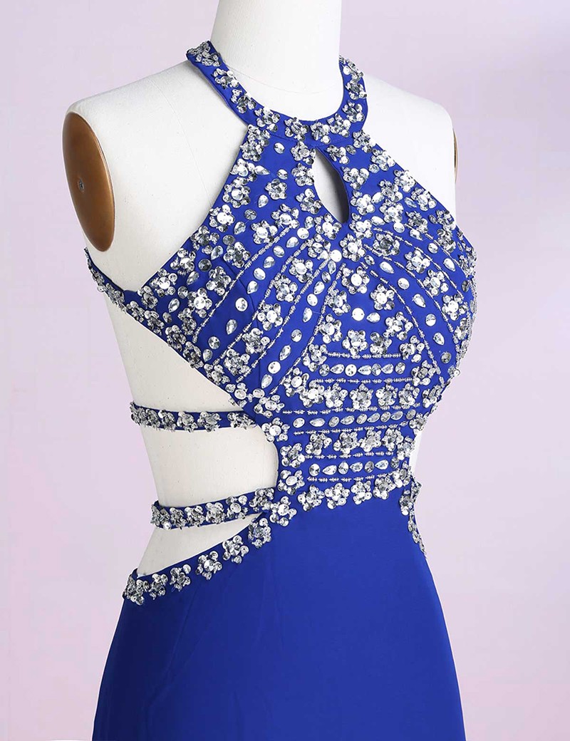 Sheath Round Neck Keyhole Royal Blue Backless Prom Dress With ...