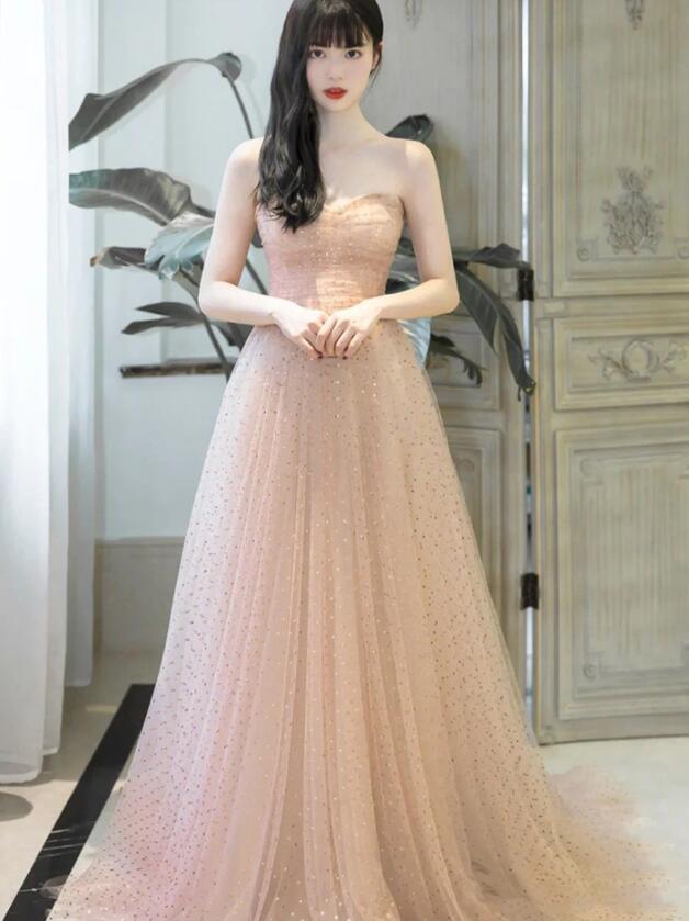 Light Champagne Sweetheart Tulle Simple A-line Long Evening Dress ...