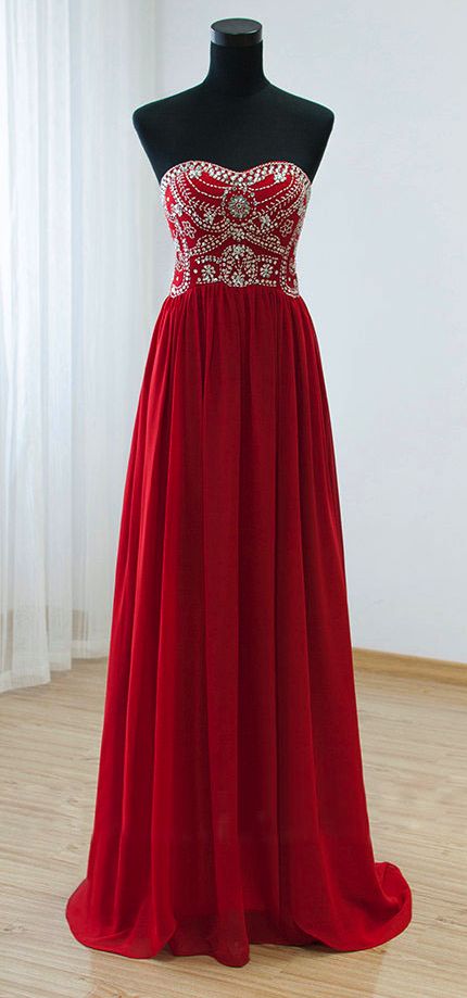 Red Chiffon Prom Dress,beaded Strapless Evening Dress, Floor Length ...