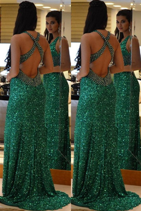 Green Sequin Shiny Prom Dresses,sexy Prom Dress,modest Open Back Prom ...