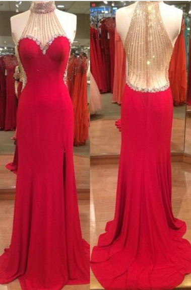 Stunning Halter Red Split Floor-length Prom Dress With Beading ...